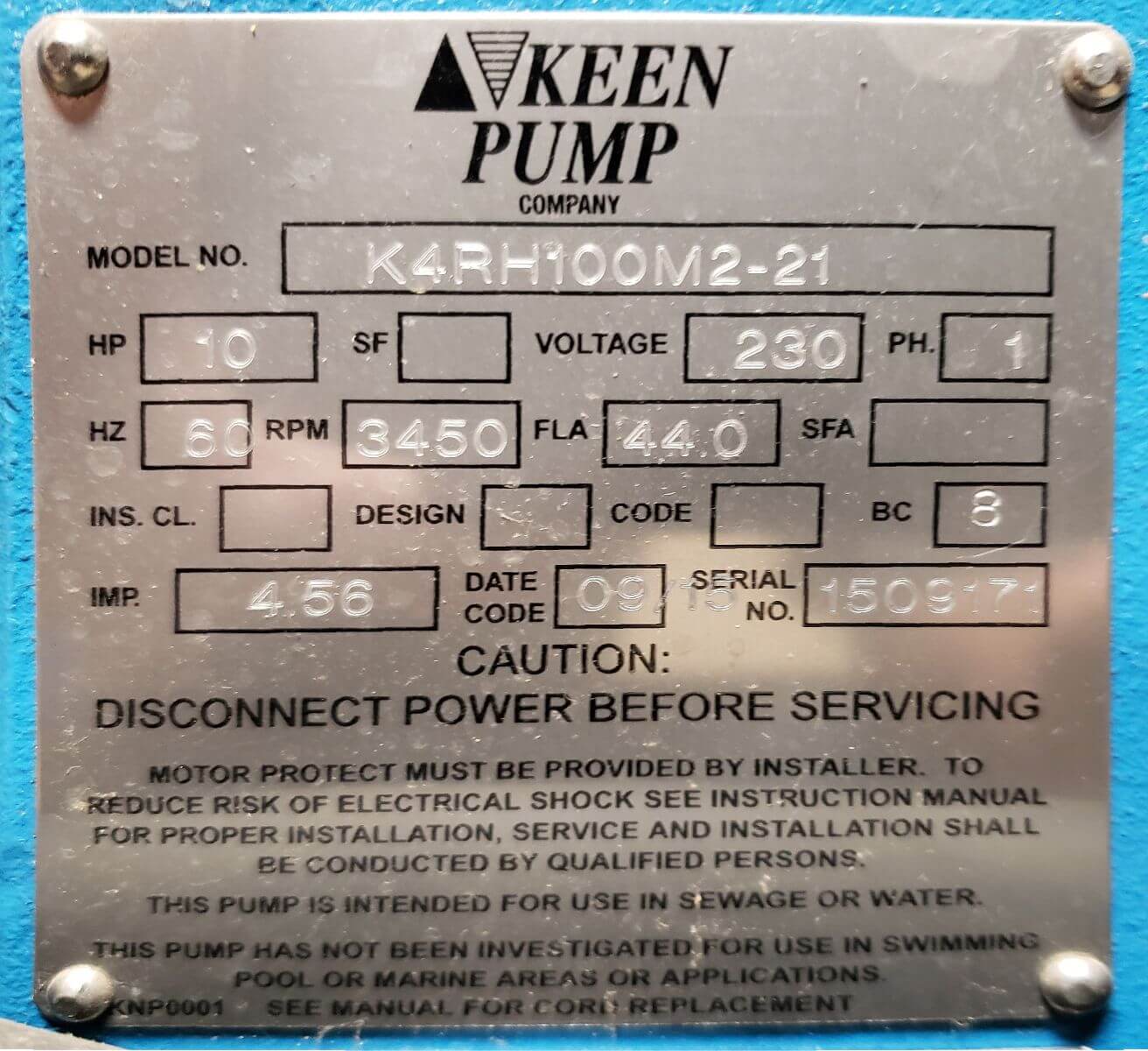 Keen Non-Clog K4RH Pump 230 VAC Single Phase with 66 Foot Head and 340 ...